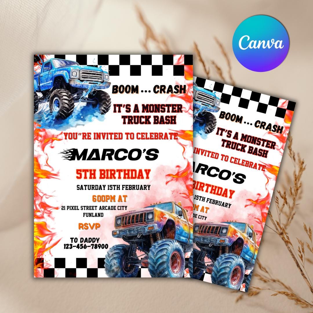 Monster Truck Birthday Invitation, Boom Crash It's A Monster Truck Bash ...