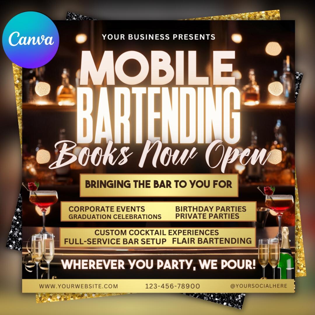 Mobile Bartending Flyer: Corporate Event Party Template (canva Editable ...