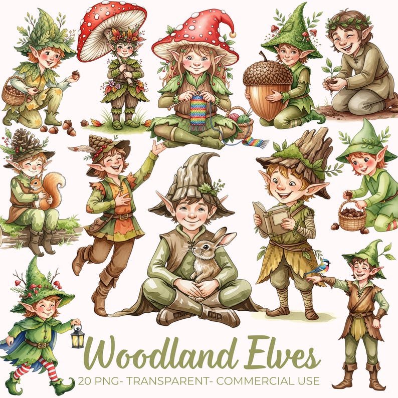 20 Woodland Elves Clipart Bundle Png Watercolor Fall Creatures Green ...