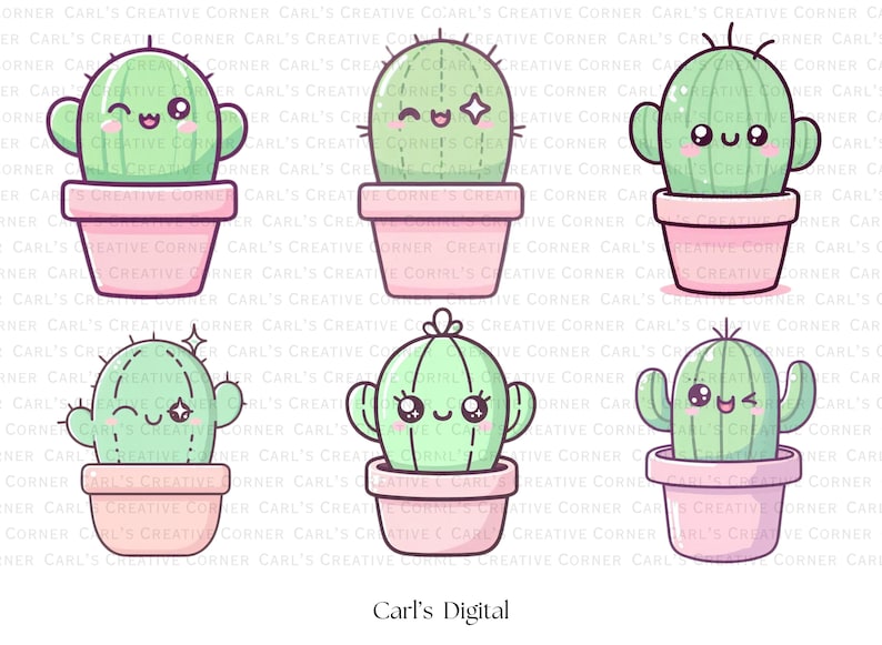 20 Pastel Kawaii Cactus Clipart Cute Green Succulent Plant Cute Cactus ...