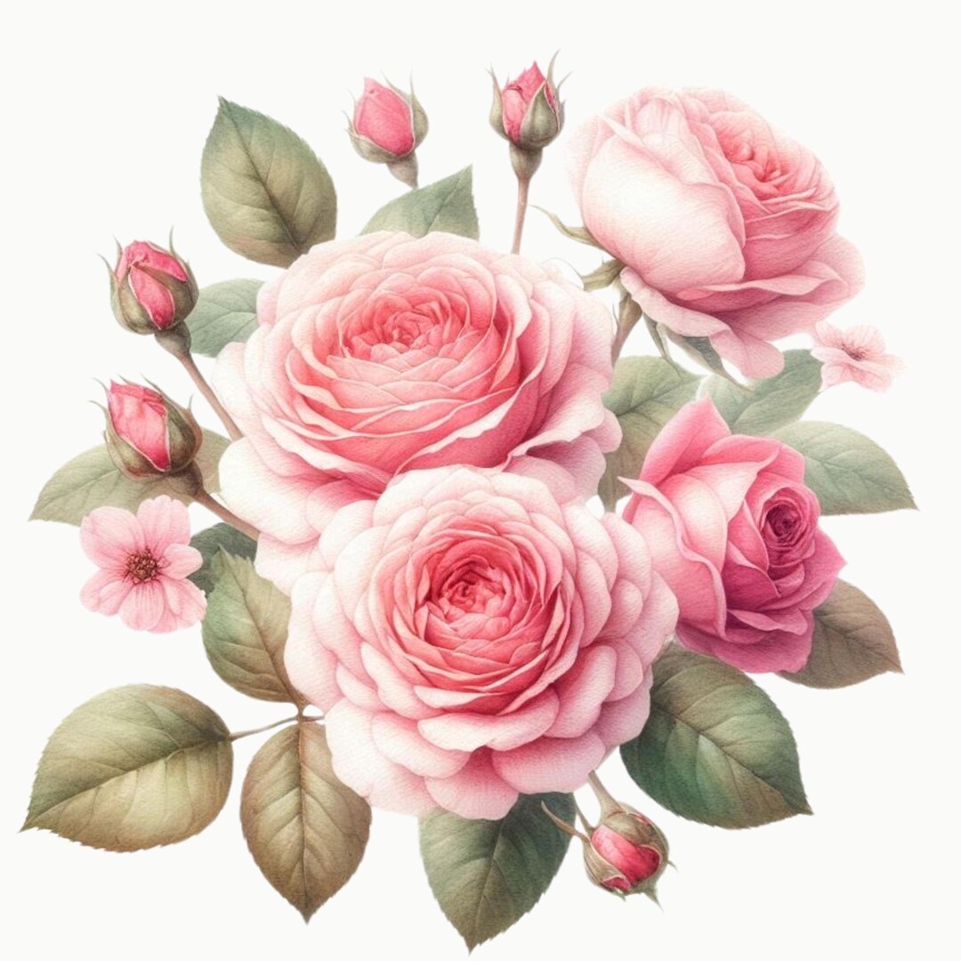 Pink Rose Watercolor PNG Clipart Bundle Set of 30 Rose Bouquet Floral ...
