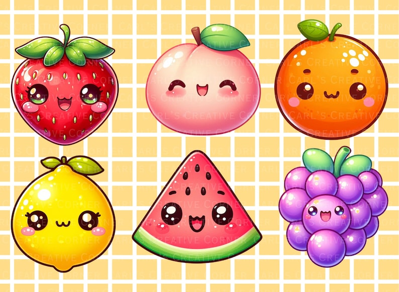 20 Cute Kawaii Fruit Clipart Bundle Smiling Fruit PNG Fruit ...