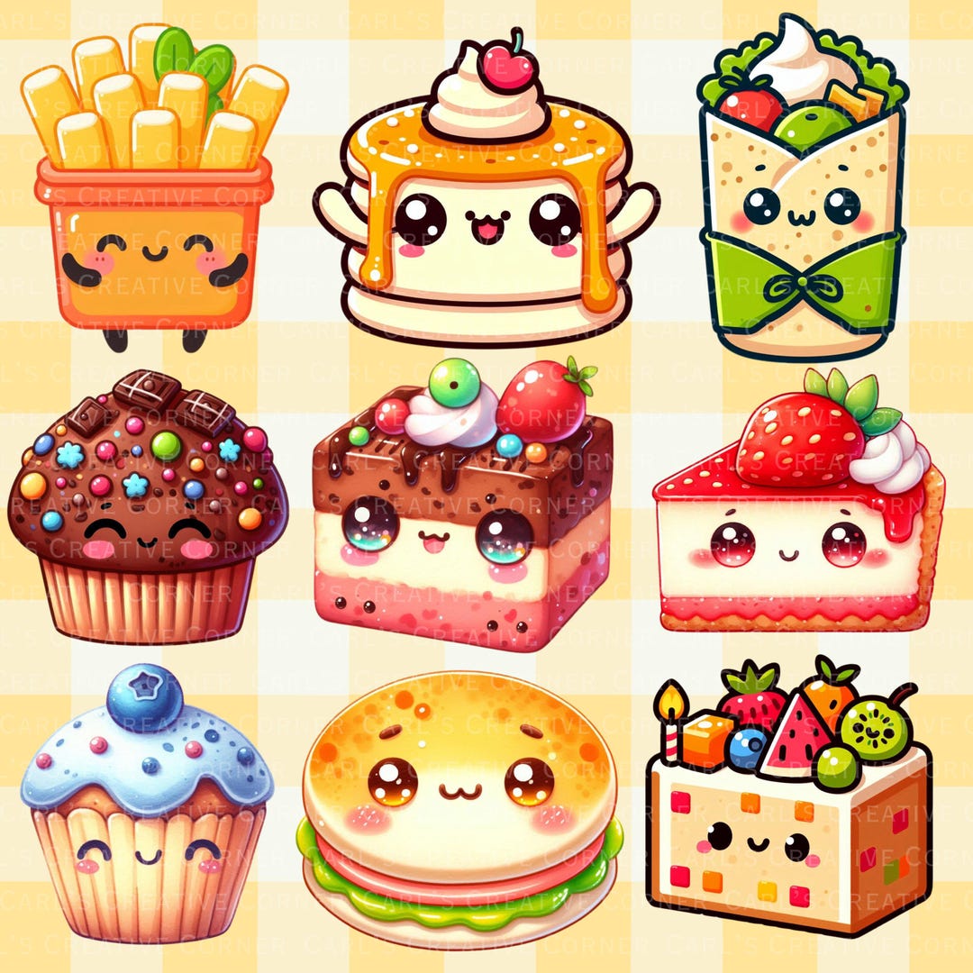 14 Cute Snack and Food Clipart PNG Kawaii Fast Food Illustration ...