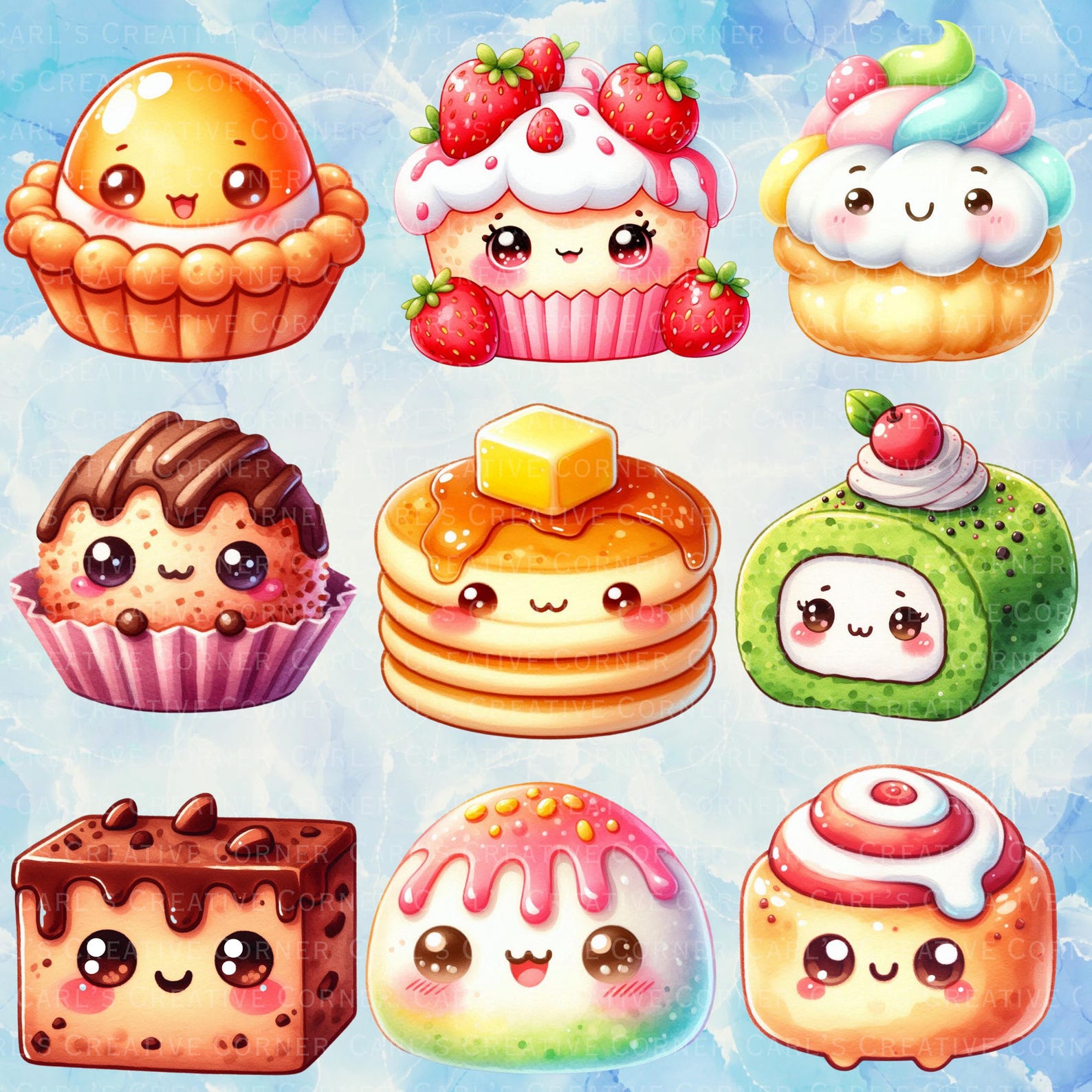 Kawaii Snack Clipart: Watercolor Food Illustrations for Stickers (PNG ...