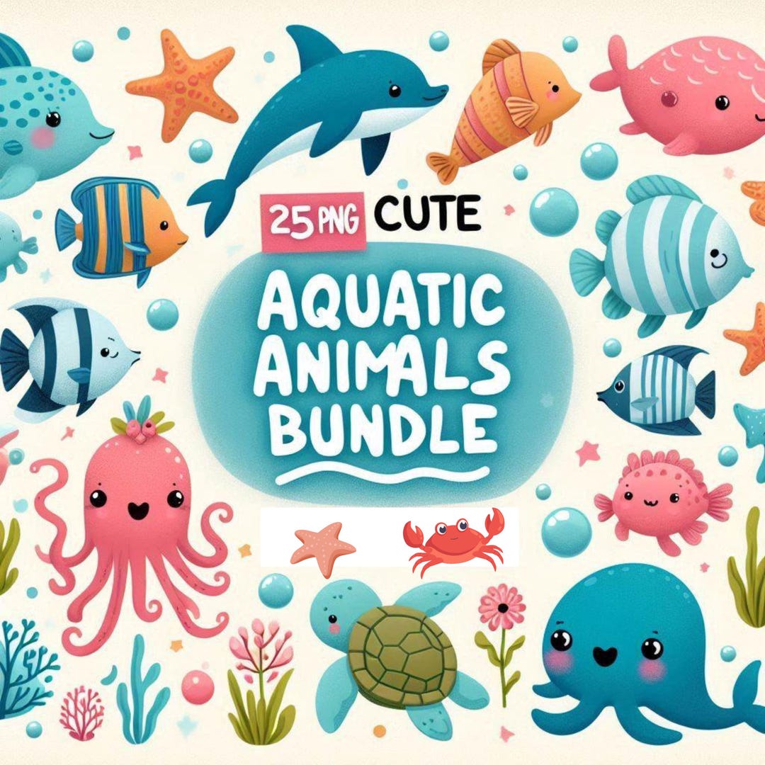 Cute Aquatic Animals Clipart 25 Pcs Bundle Undersea PNG Clipart ...