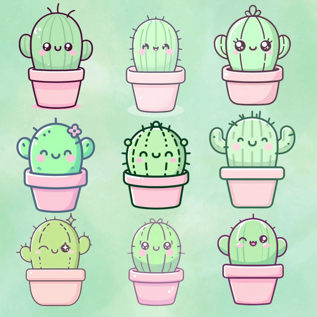 20 Pastel Kawaii Cactus Clipart Cute Green Succulent Plant Cute Cactus ...