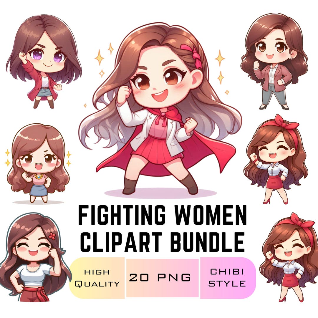 Strong Chibi Woman Set of 20 Clipart PNG Bundle, Feminist Chibi ...