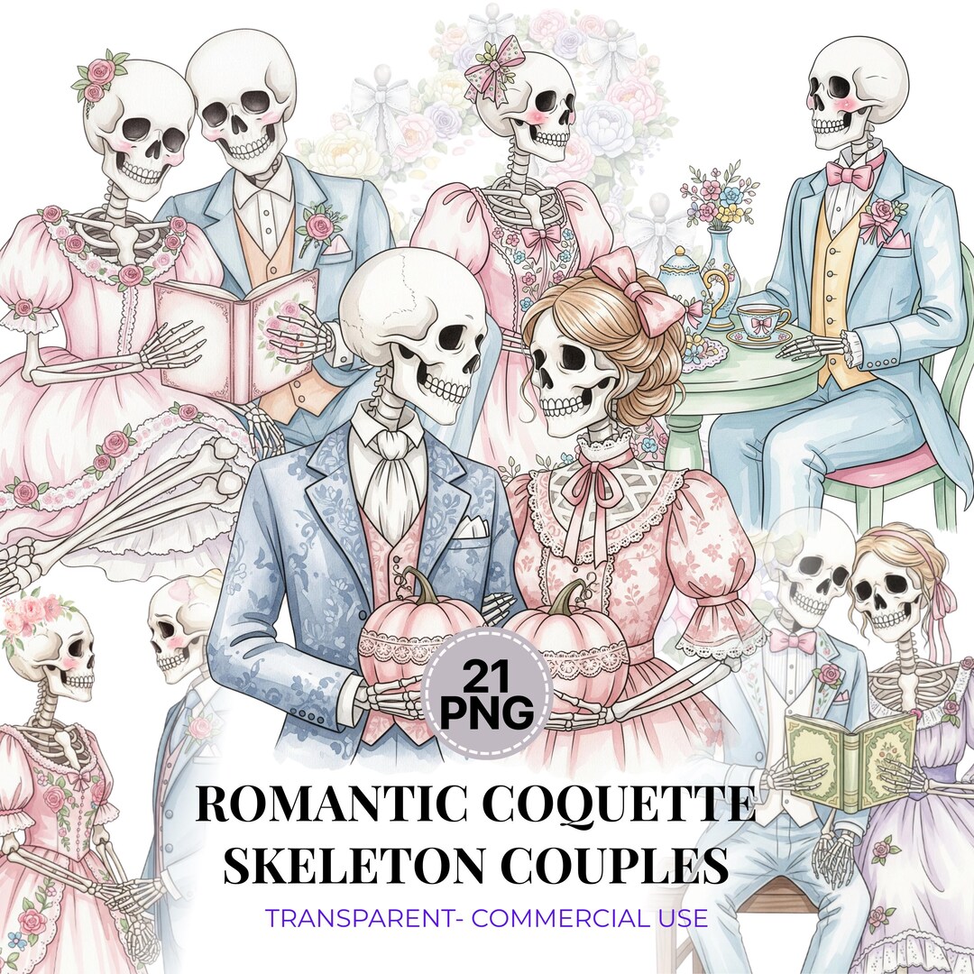 Coquette Skeleton Couples Clipart: Romantic Halloween PNG Bundle ...