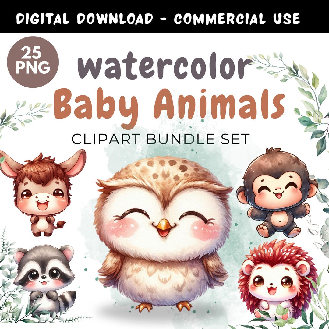 25 Cute Watercolor Baby Animals PNG Clipart Bundle, Nursery Clipart ...