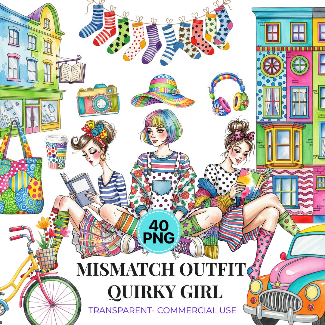40 Mismatch Outfit Quirky Girl Clipart Cute Fashionable Quirky Instant ...
