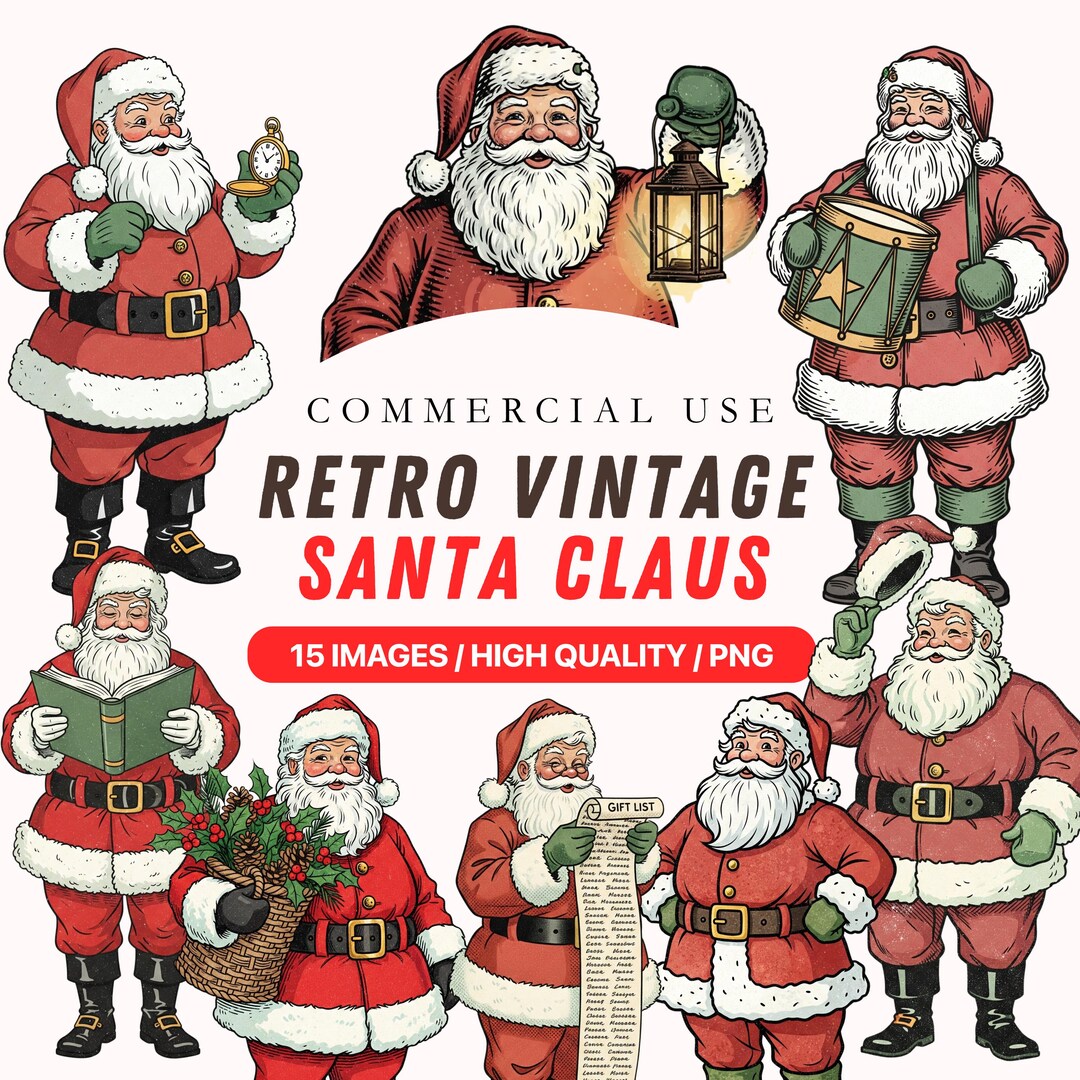 Retro Santa Claus Clipart Bundle: Vintage Christmas PNG Images (digital ...