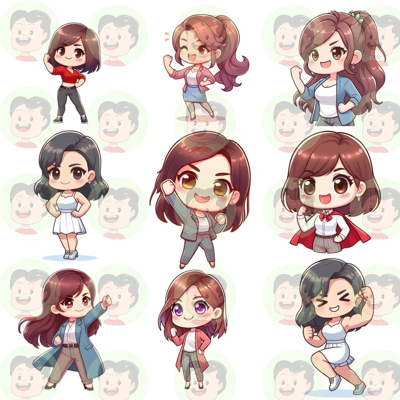 Strong Chibi Woman Set of 20 Clipart PNG Bundle, Feminist Chibi ...