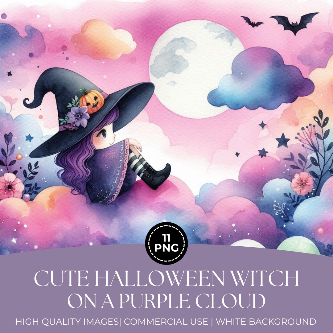 Halloween Witch Clipart: Purple Cloud Watercolor PNG (commercial Use ...