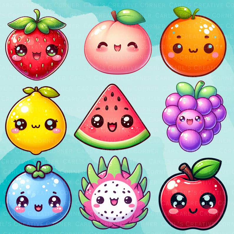 20 Cute Kawaii Fruit Clipart Bundle Smiling Fruit PNG Fruit ...