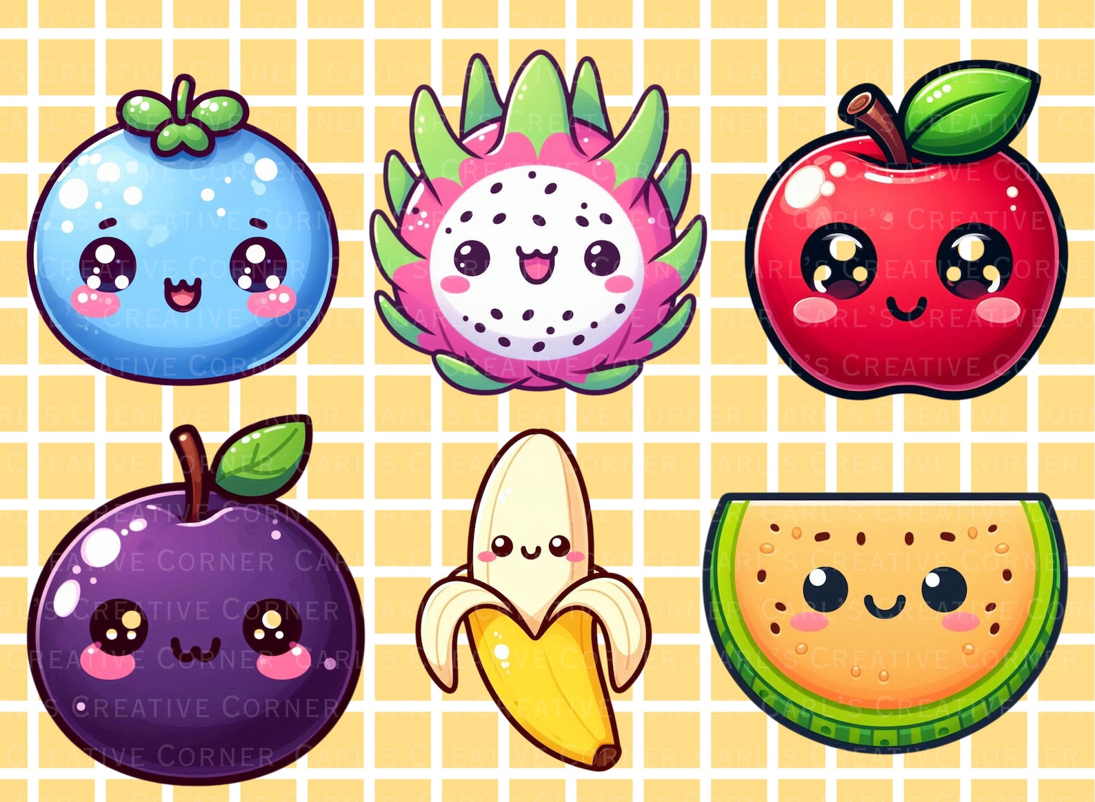20 Cute Kawaii Fruit Clipart Bundle Smiling Fruit PNG Fruit ...