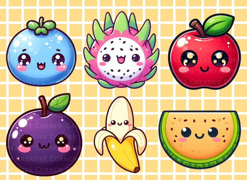 20 Cute Kawaii Fruit Clipart Bundle Smiling Fruit PNG Fruit ...