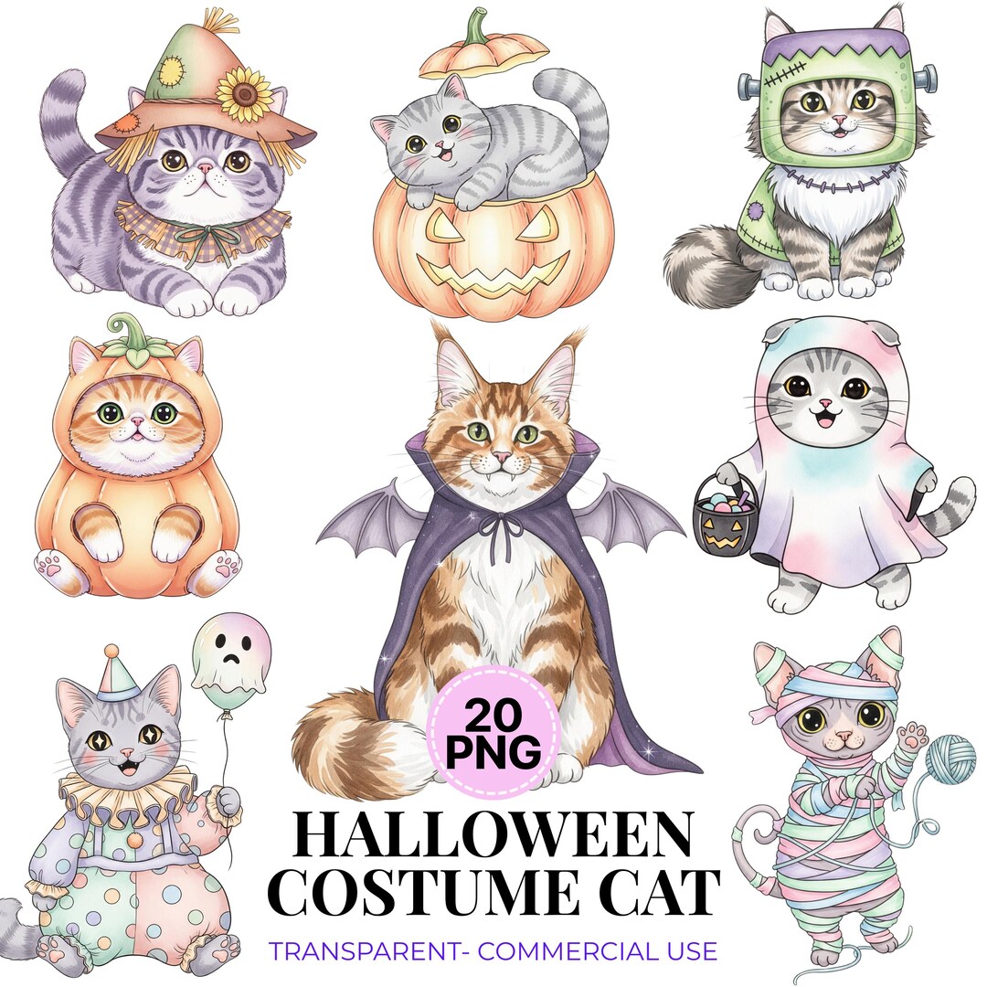 20 Halloween Costume Cat Clipart PNG, Spooky Cute Kittens in Witch ...