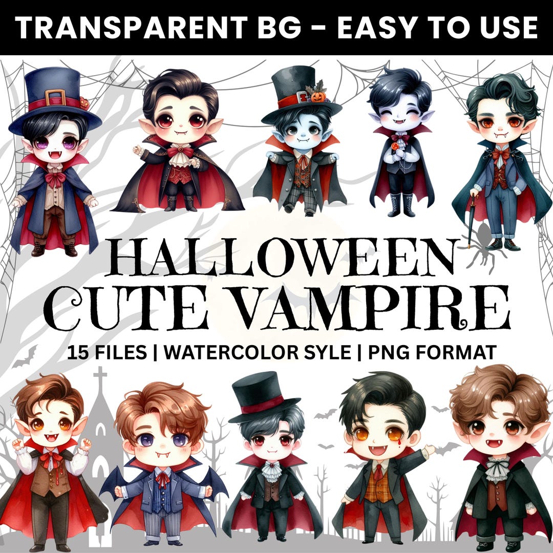 15 Cute Watercolor Vampire Halloween Clipart, Gothic Vampire Clipart ...