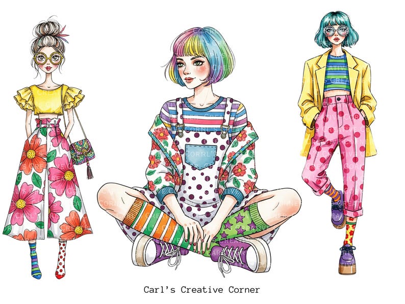 40 Mismatch Outfit Quirky Girl Clipart Cute Fashionable Quirky Instant ...