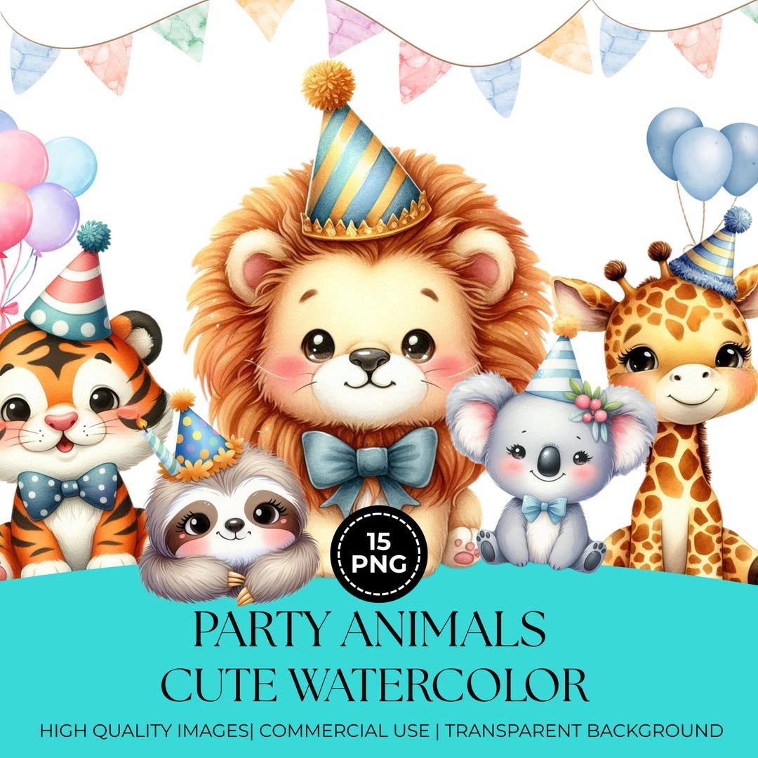 Cute Party Animals Nursery PNG Clipart Bundle of 15 Cute Birthday ...