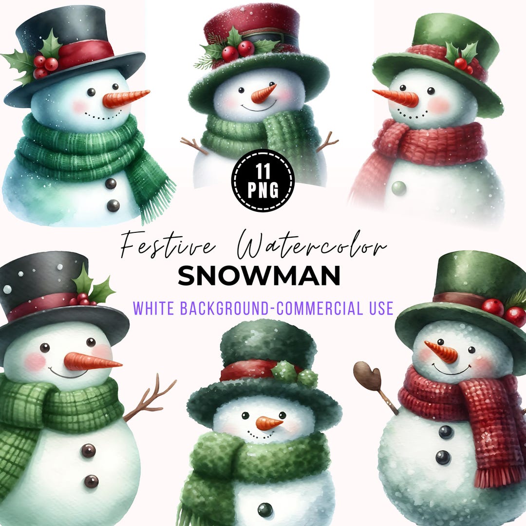 Festive Watercolor Snowman Clipart, 11 PNG Xmas Illustration, Cute ...