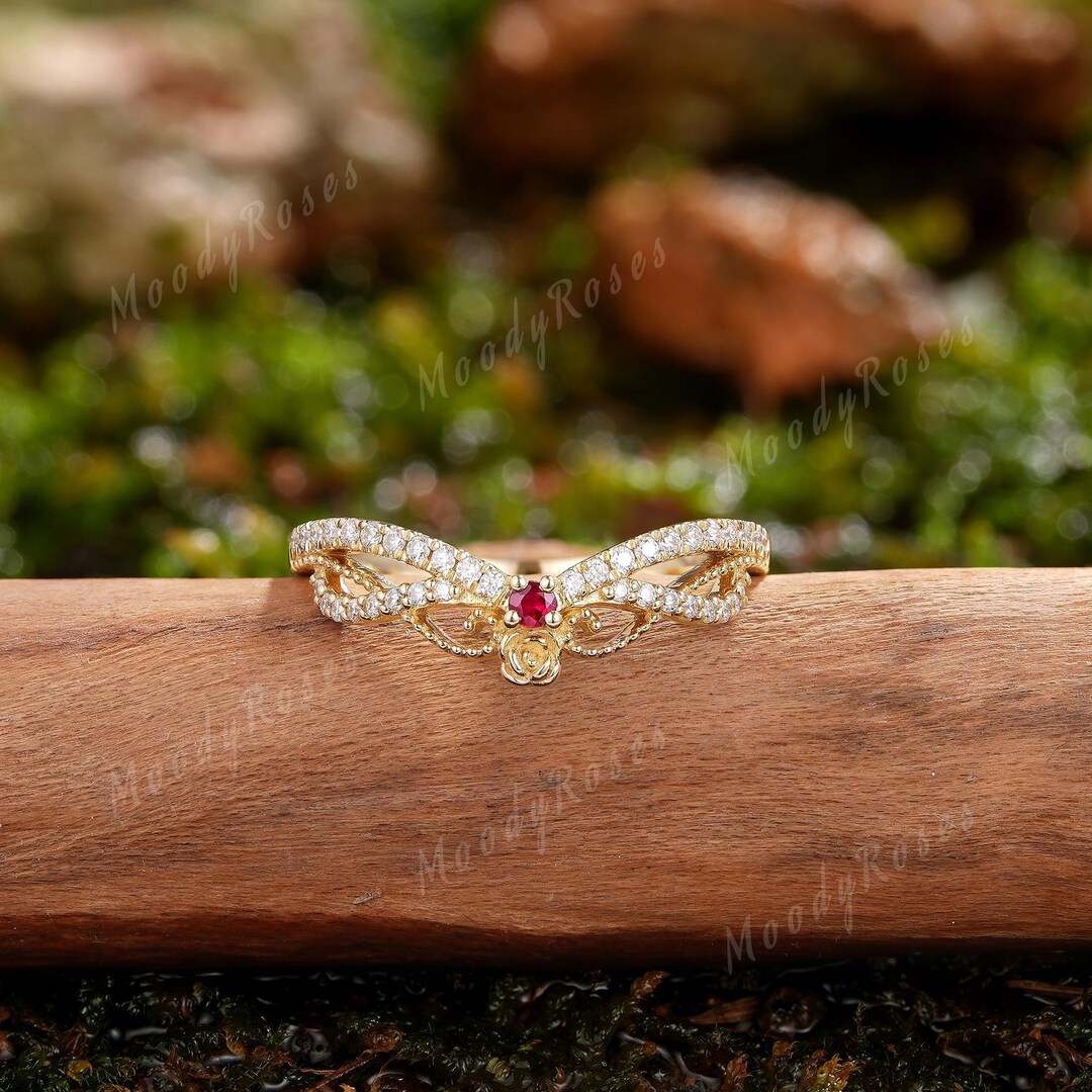 Vintage Ruby Wedding Band Yellow Gold Art Deco Wedding Ring Nature ...