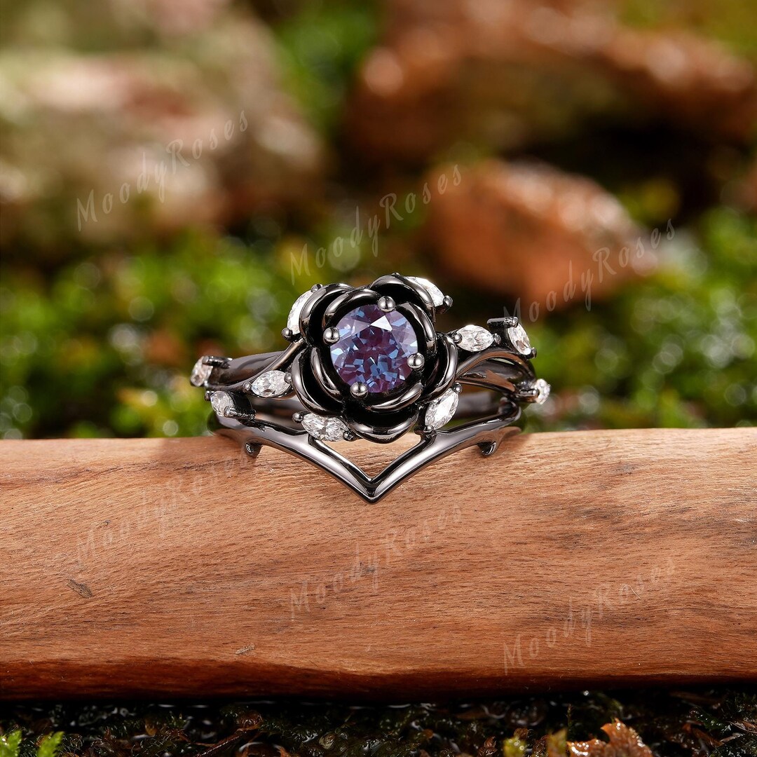 Vintage Alexandrite Leaf Engagement Ring Set Nature Inspired Floral ...