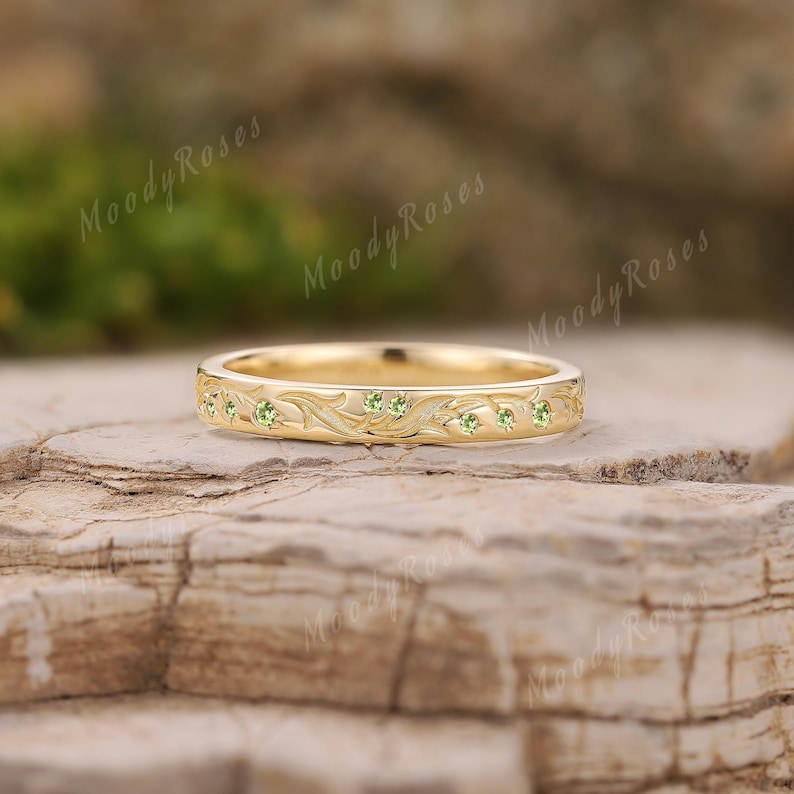 2.5mm Unique Lily of the Valley Floral Wedding Band Yellow Gold Nature ...