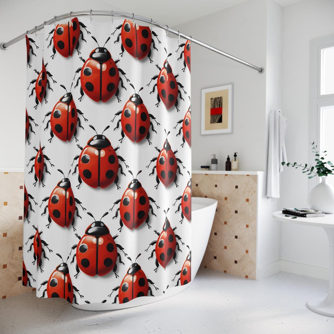 Ladybug Pattern Red and Black Shower Curtain Nature Inspired Bathroom ...
