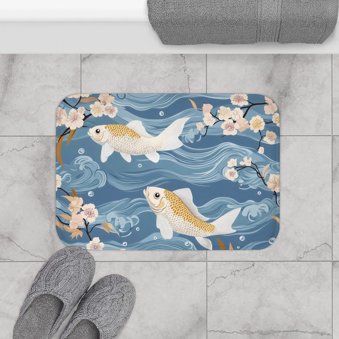 Japanese Koi Fish Cherry Blossom Anti-slip Bath Mat Bathroom Rug Serene ...