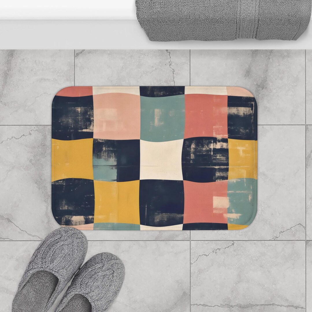 Retro Checkered Memory Foam Bath Mat: Abstract Geometric Decor - Etsy