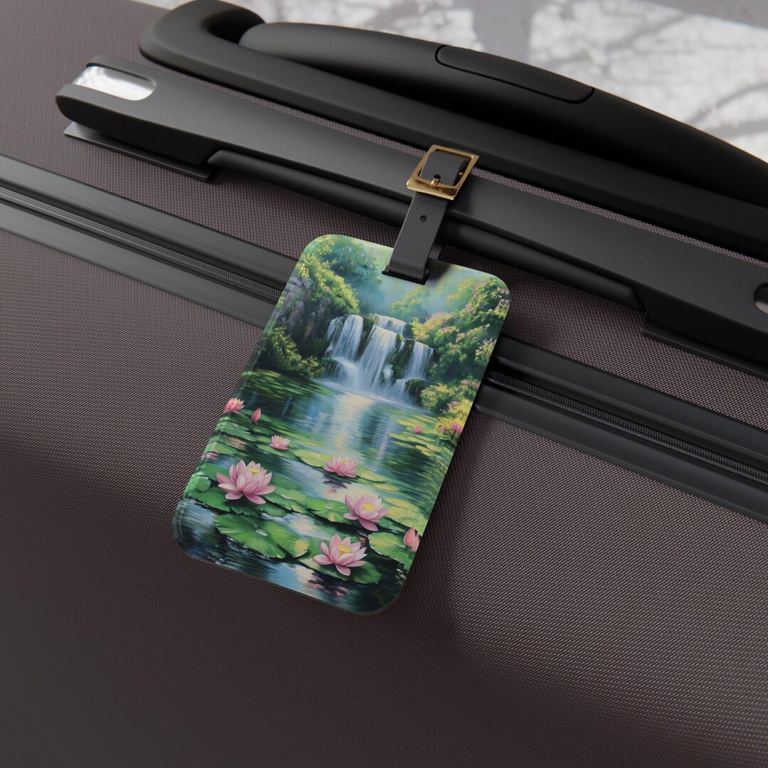 Waterfall Lotus Flower Luggage Tag: Scenic Travel Accessory - Etsy
