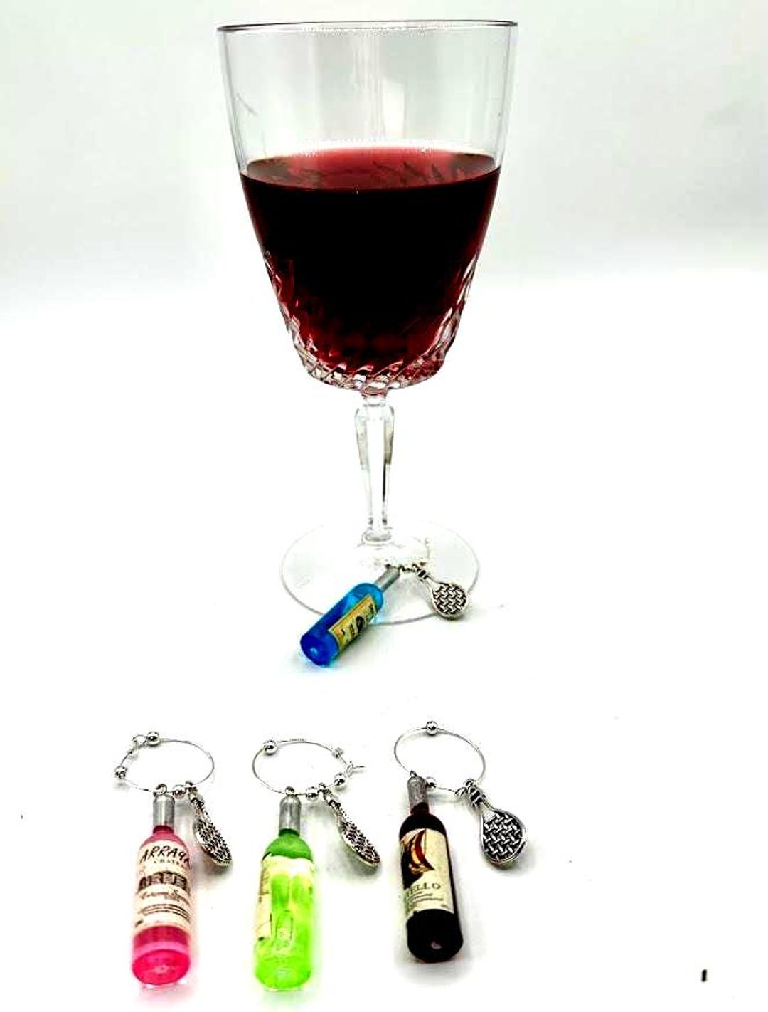 Wine Glass Rings: Tennis & Wine Bottle Charms, Set of 4 - Etsy