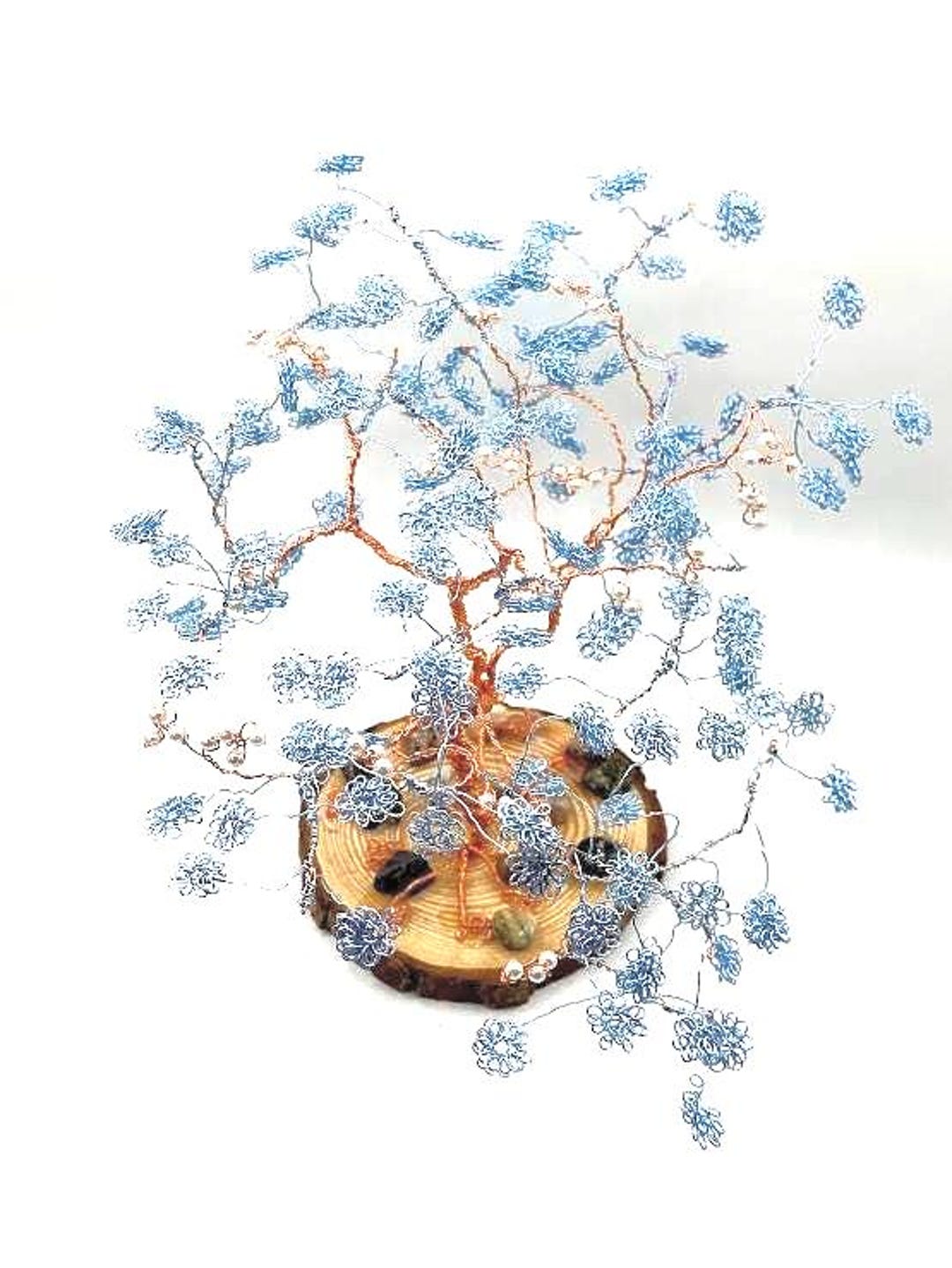 Handmade Copper and Colored Wire Bonsai Tree on a Natural Birch Wood ...