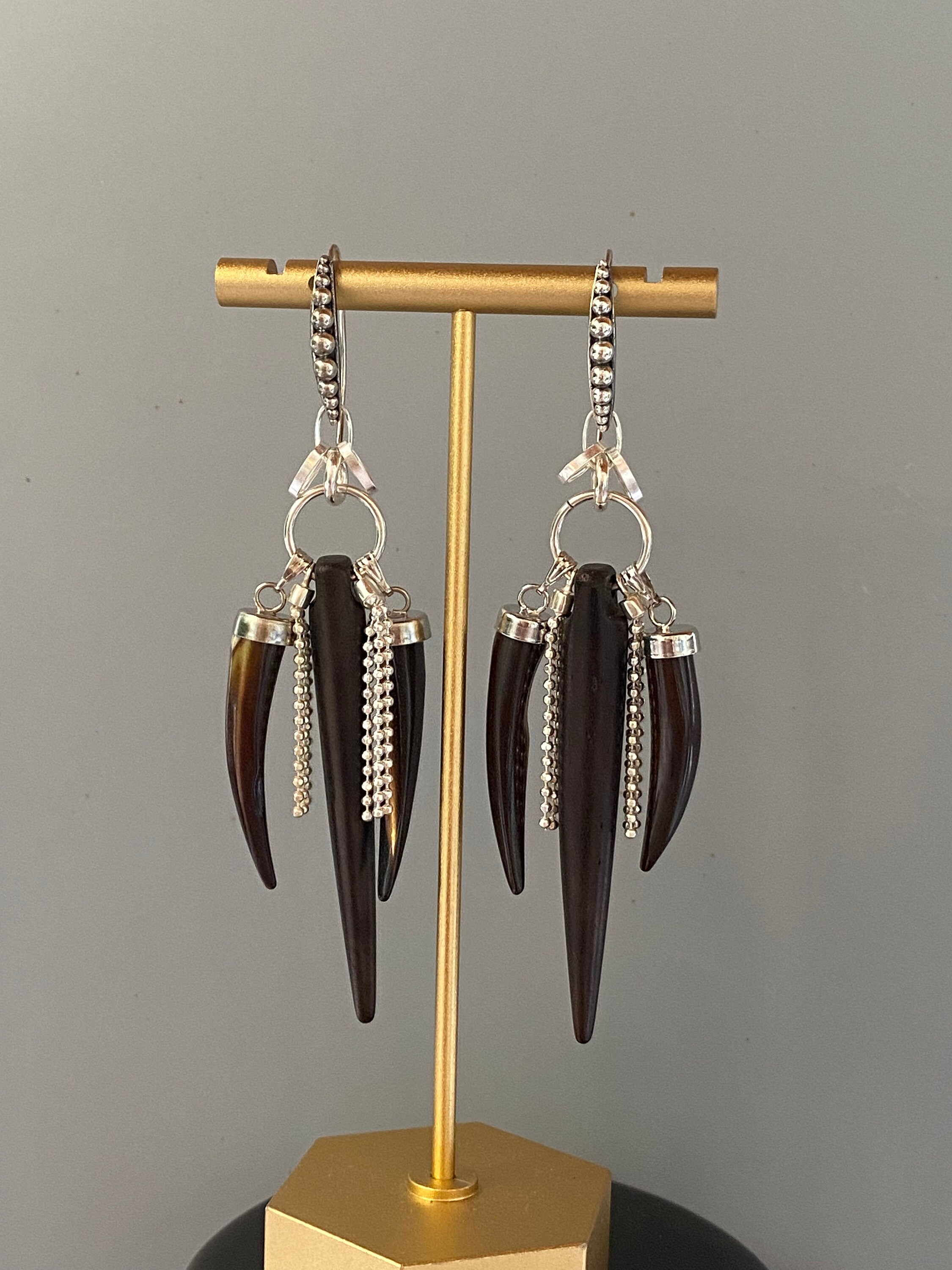 Black Buffalo Bone & Tigers Eye Shell Horn Dangle Earrings - Etsy