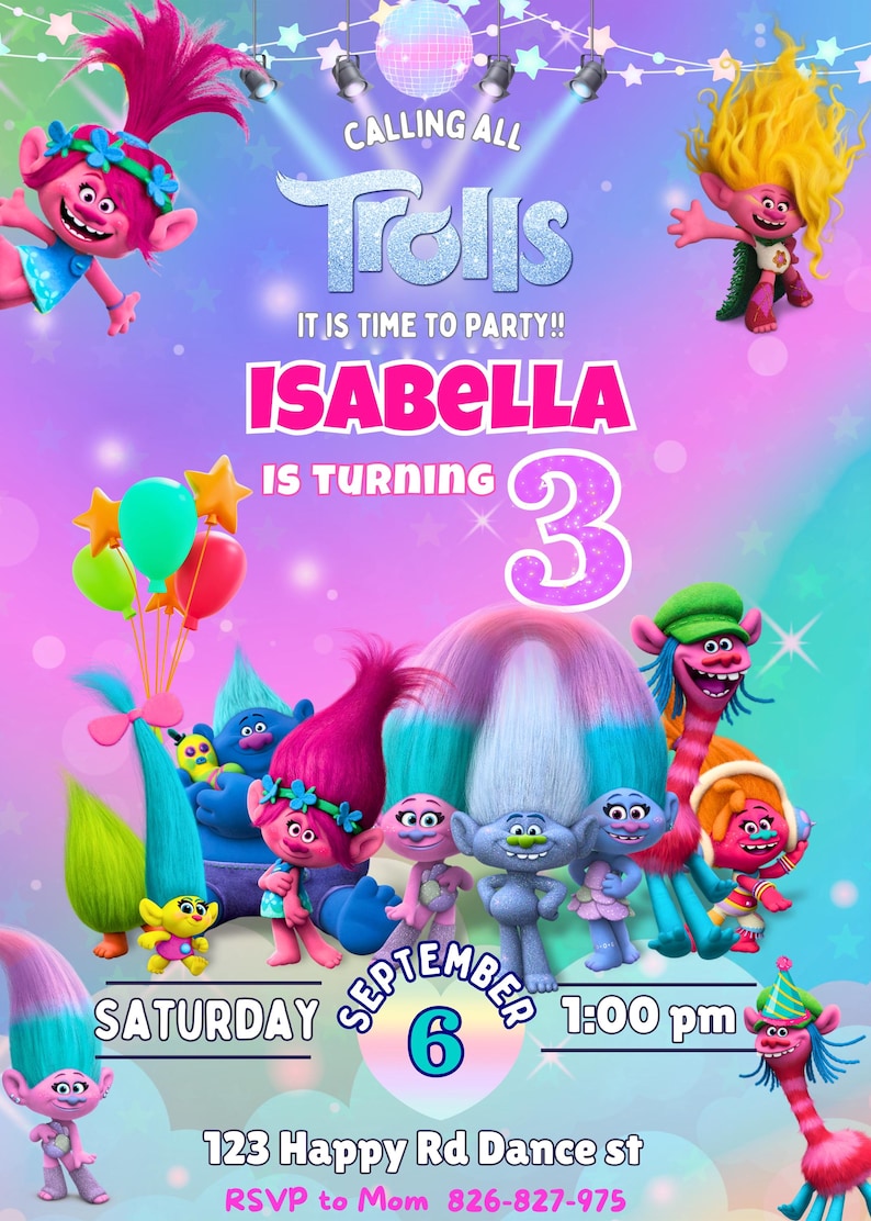 Editable Trolls Birthday Invitation ,printable Trolls Party Invite ...