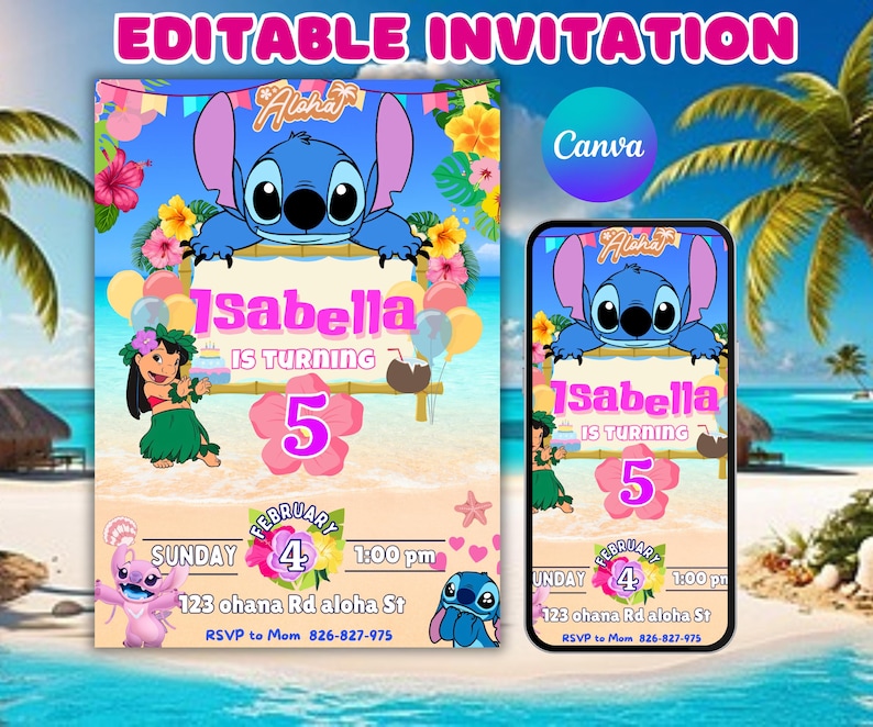 Editable Stitch Birthday Invitation ,pink Printable Stitch Party Invite ...