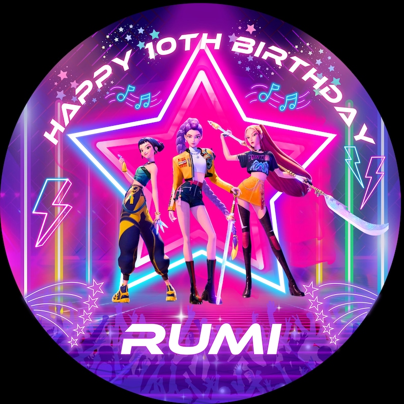 Kpop Demon Hunters Birthday Cake Printable, Editable K-pop Party Cake Png, Rumi Themed Digital ...