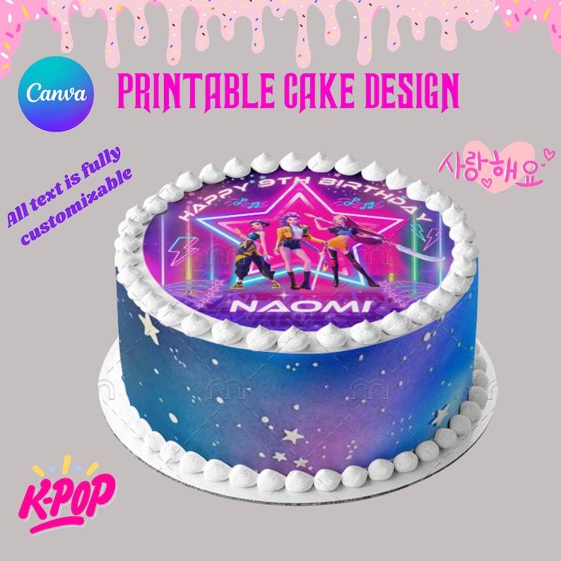 Kpop Demon Hunters Birthday Cake Printable, Editable K-pop Party Cake ...