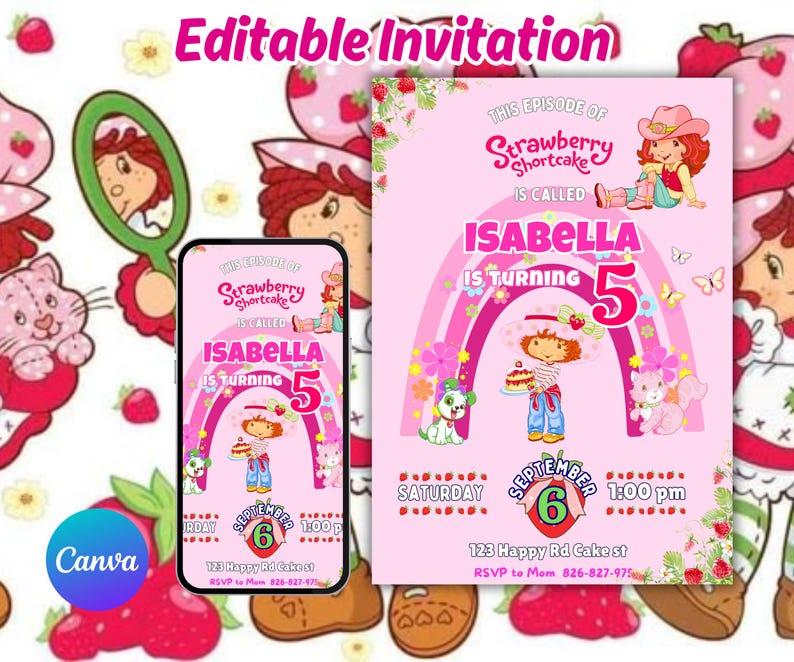 Editable Strawberry Shortcake Birthday Invitation ,printable Strawberry ...
