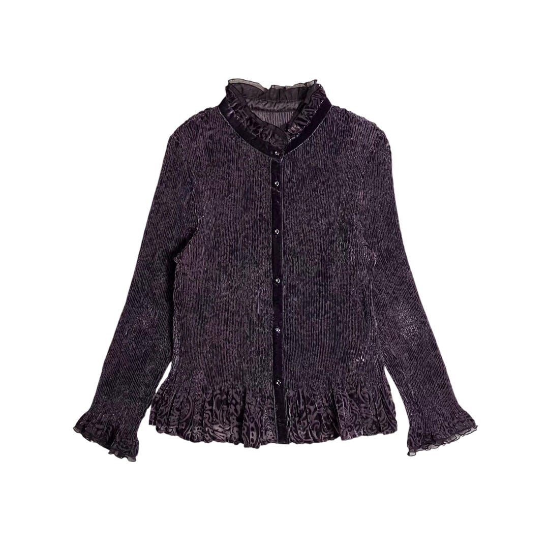 Black Ruffle Pleated Blouse Stand up Collar Soft Sheen Velours Gothic ...