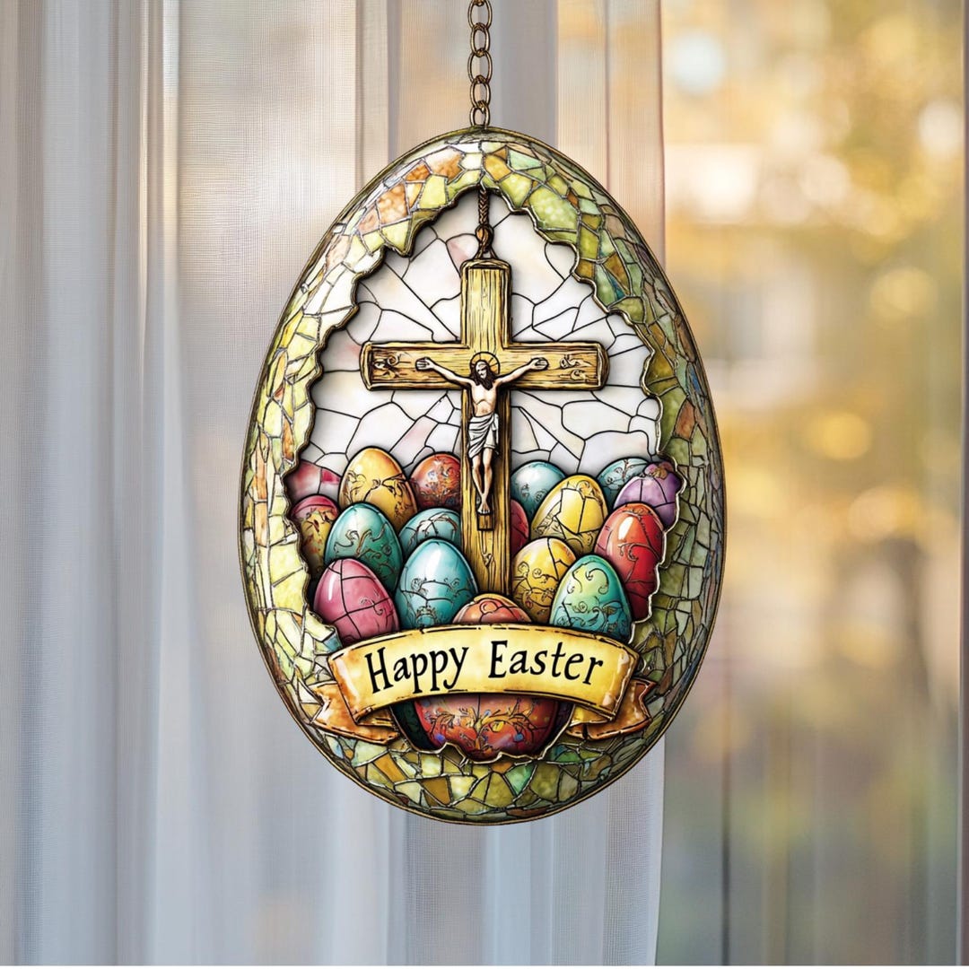 Happy Easter Suncatcher, Religious Window Hanging, Christian Cross ...