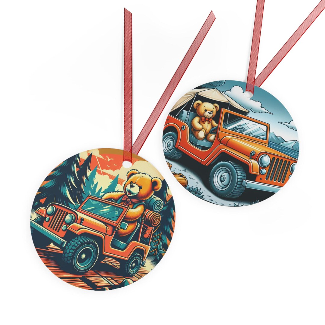 Metal Ornaments, Teddy Bear Driving Jeep in Woods Decoration, Adventure ...