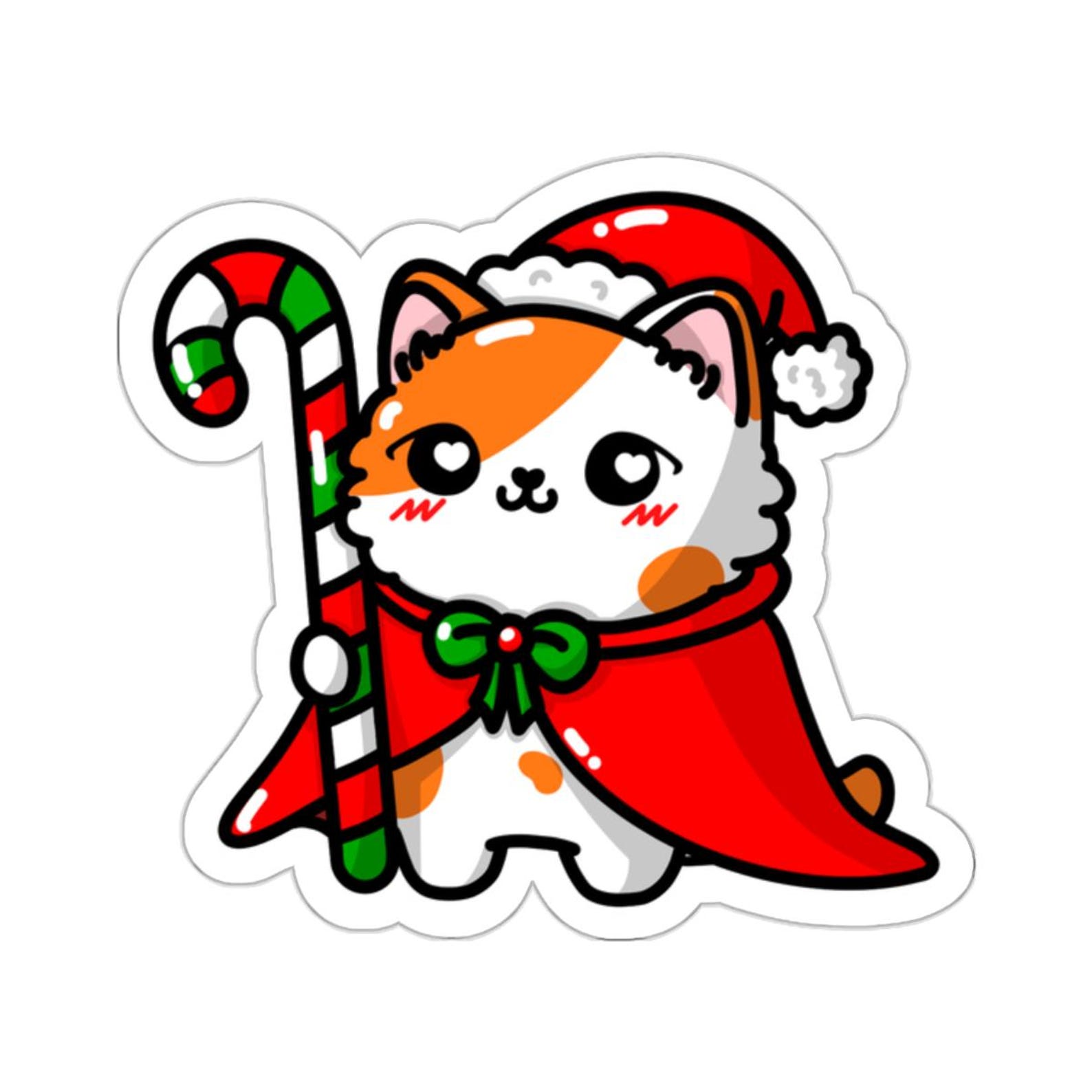 Cute Christmas Cat With Candy Cane and Santa Hat Sticker, Cute Cat ...
