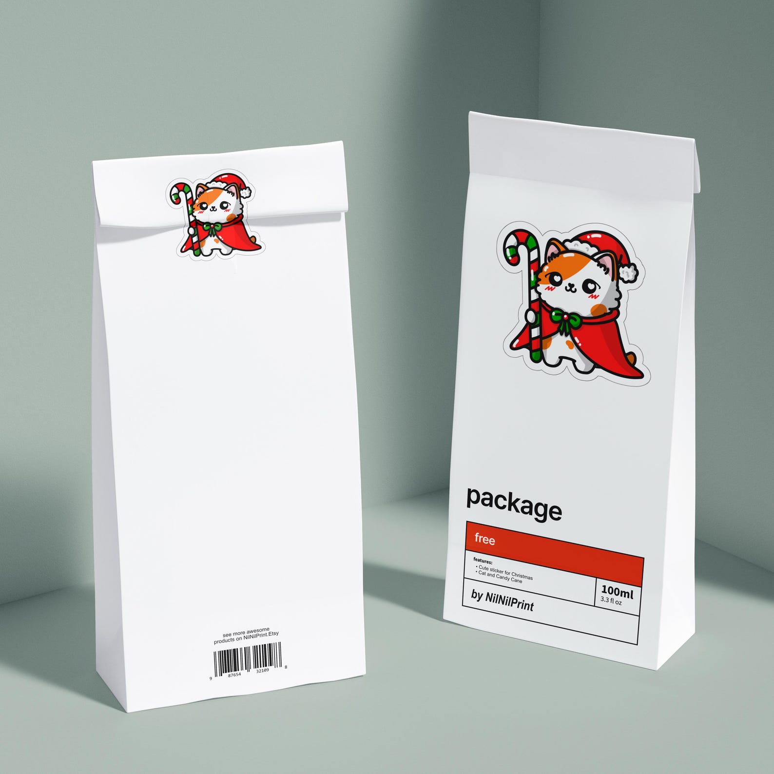 Cute Christmas Cat With Candy Cane and Santa Hat Sticker, Cute Cat ...