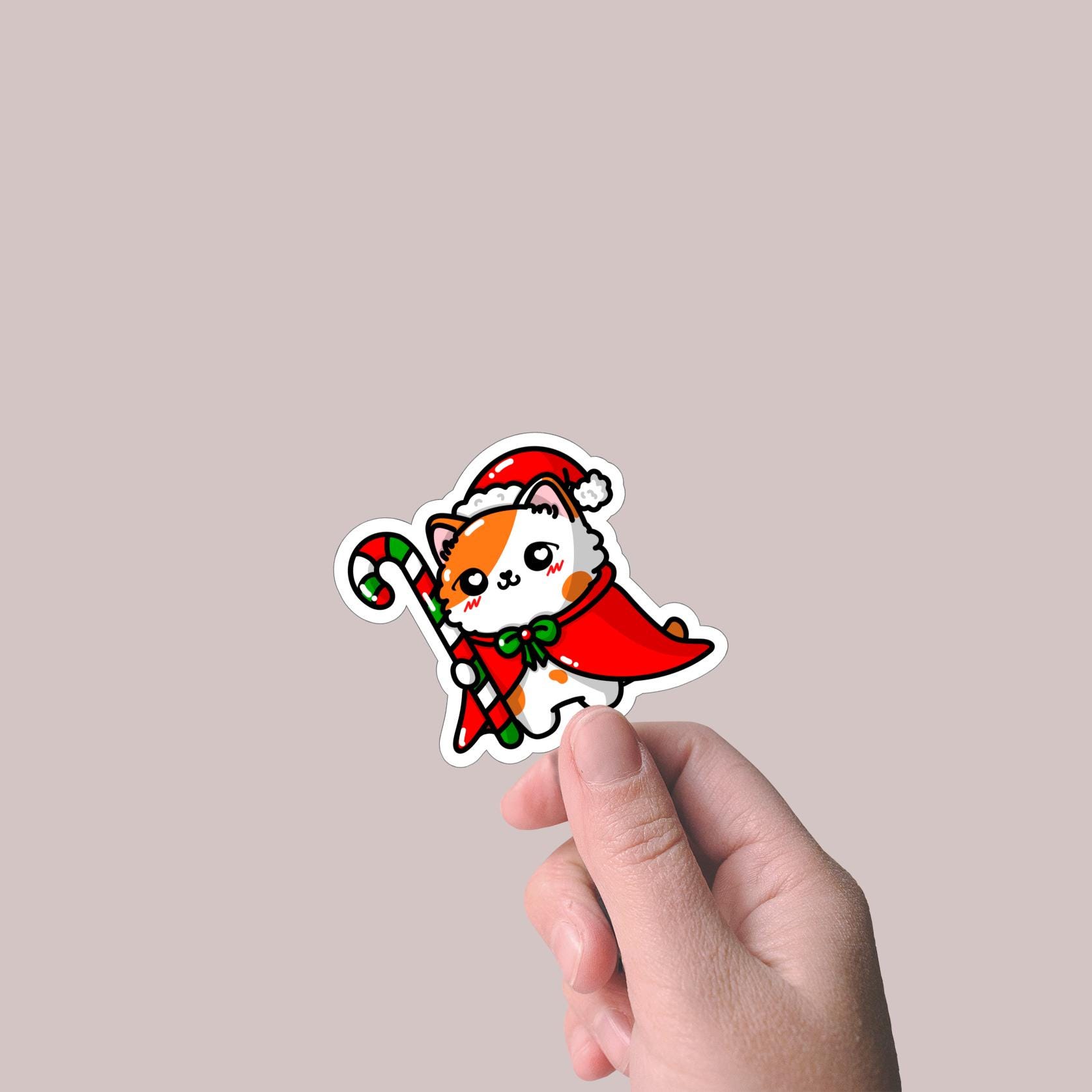 Cute Christmas Cat With Candy Cane and Santa Hat Sticker, Cute Cat ...