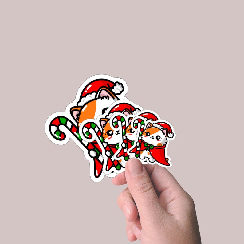 Cute Christmas Cat With Candy Cane and Santa Hat Sticker, Cute Cat ...