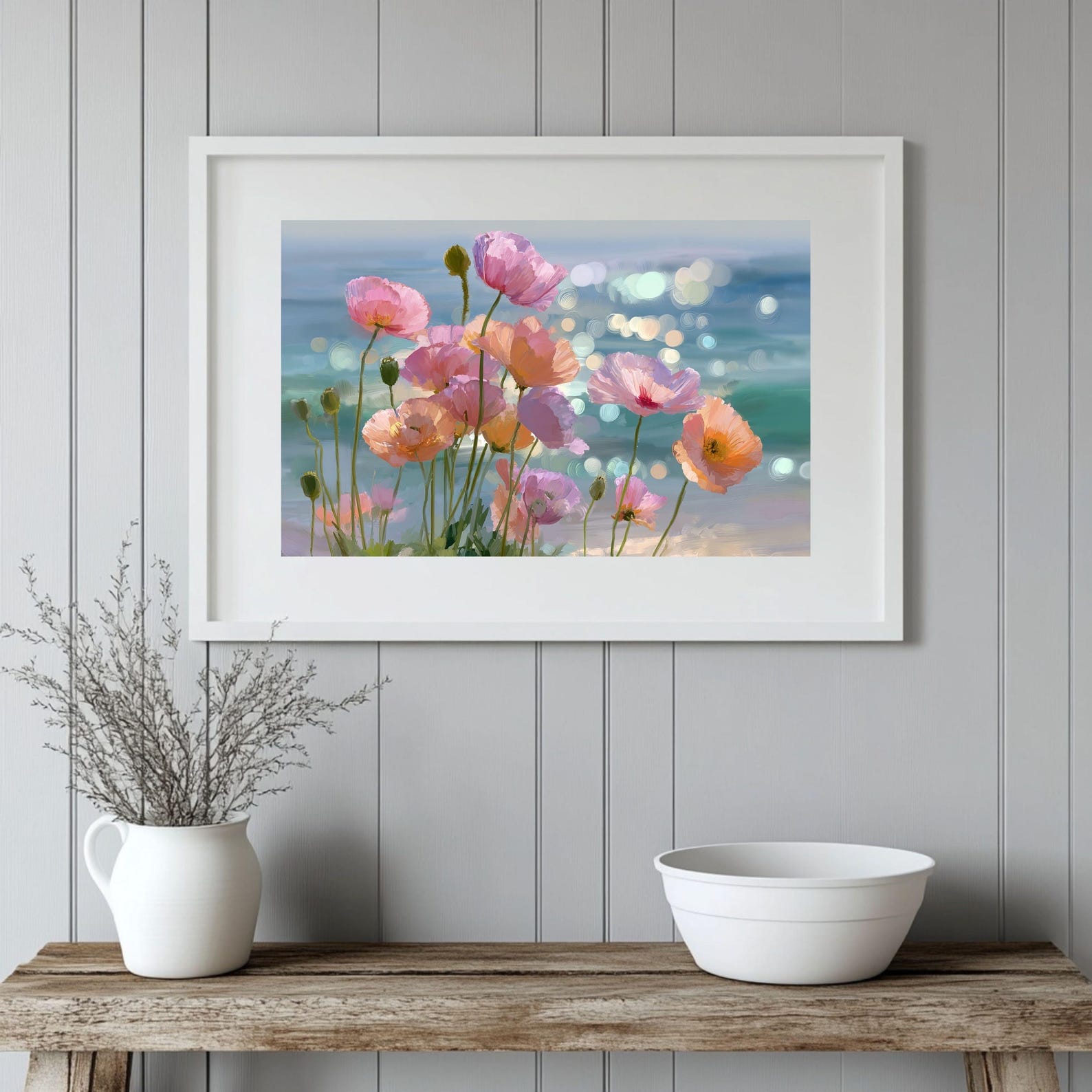 Coastal Poppy Flower Print: Pastel Beach House Wall Art (digital ...