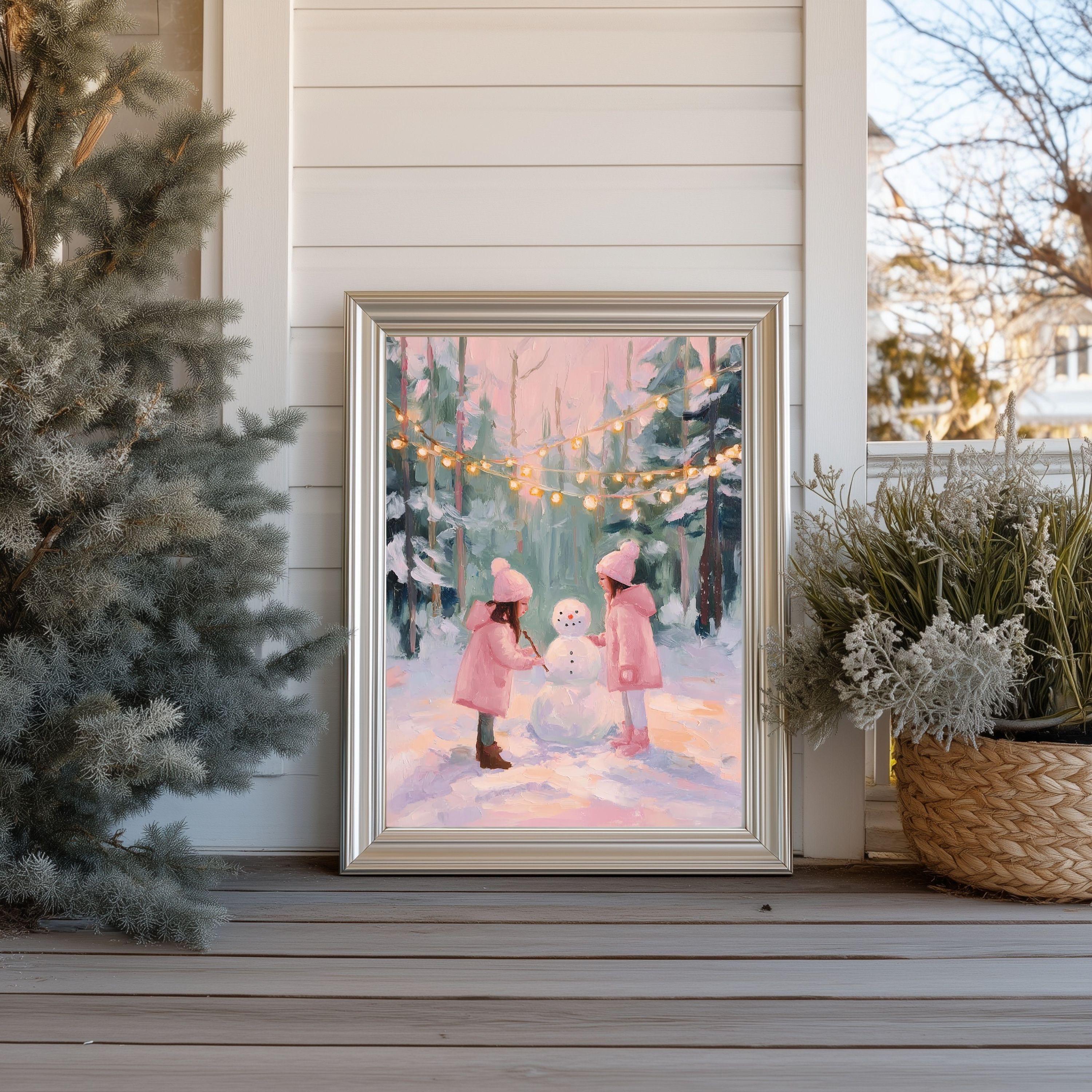 Winter Wonderland Printable Art | Girls Building Snowman | Cozy Holiday ...
