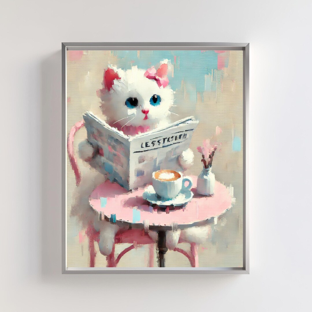 Whimsical Cat Cafe Art Print: Vintage Pastel Animal Decor (digital ...